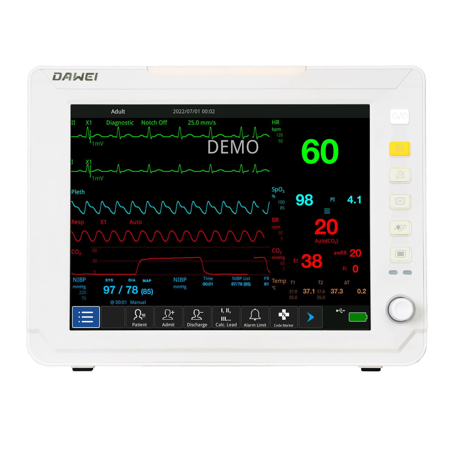 Monitor portatile per paziente - HM-10 - Dawei Medical - ECG / RESP / TEMP